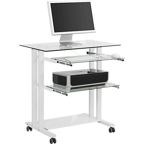 Computertisch mit Rollen, Glasplatte, Metallgestell, 2 Auszüge, B 800 x ...