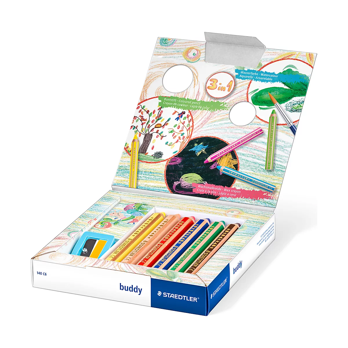 Farbstift Staedtler Buddy, 3 in 1, Kartonetui, 6 sortierte Farben ...
